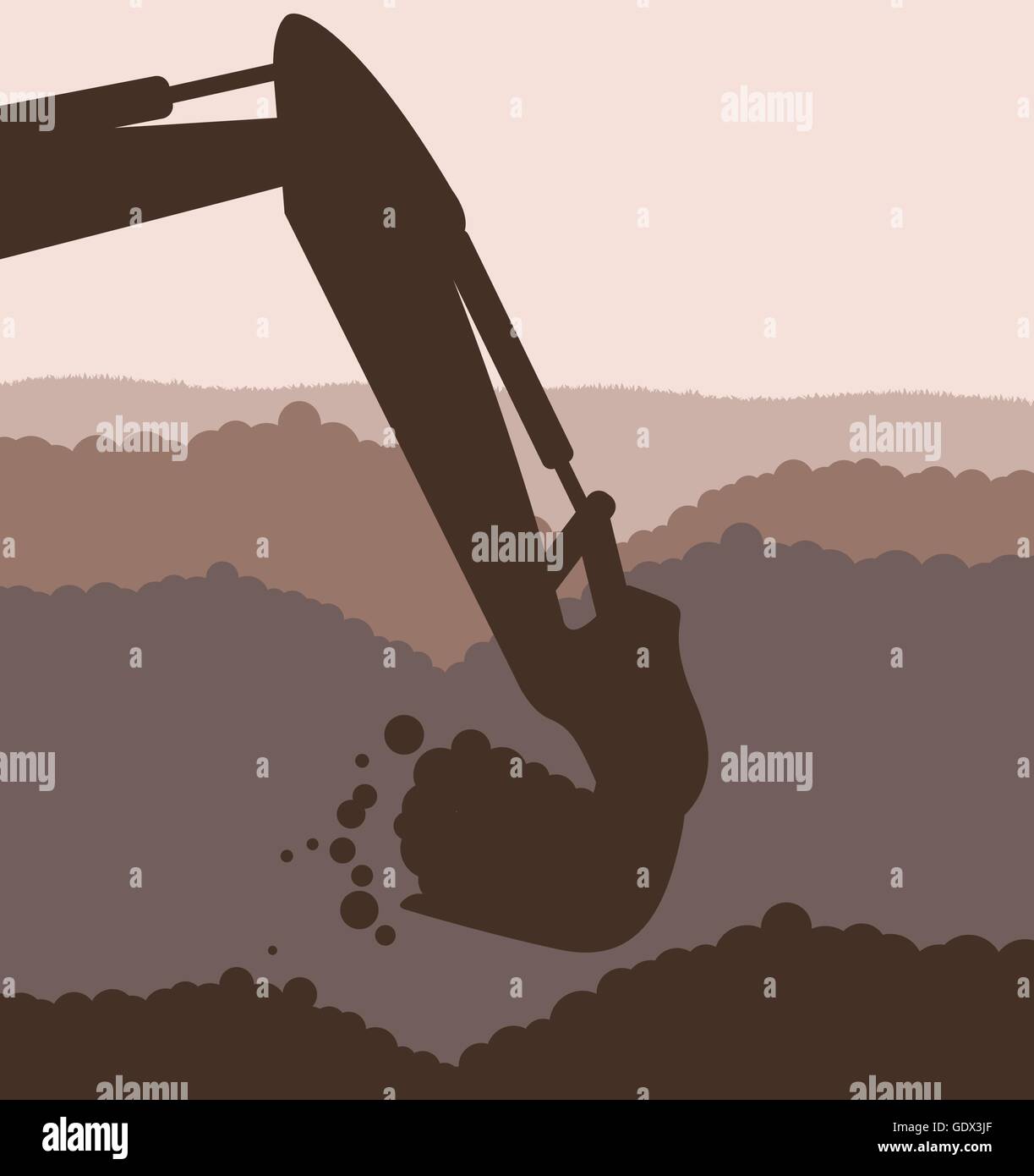 Excavator loader at construction site with raised bucket vector ...