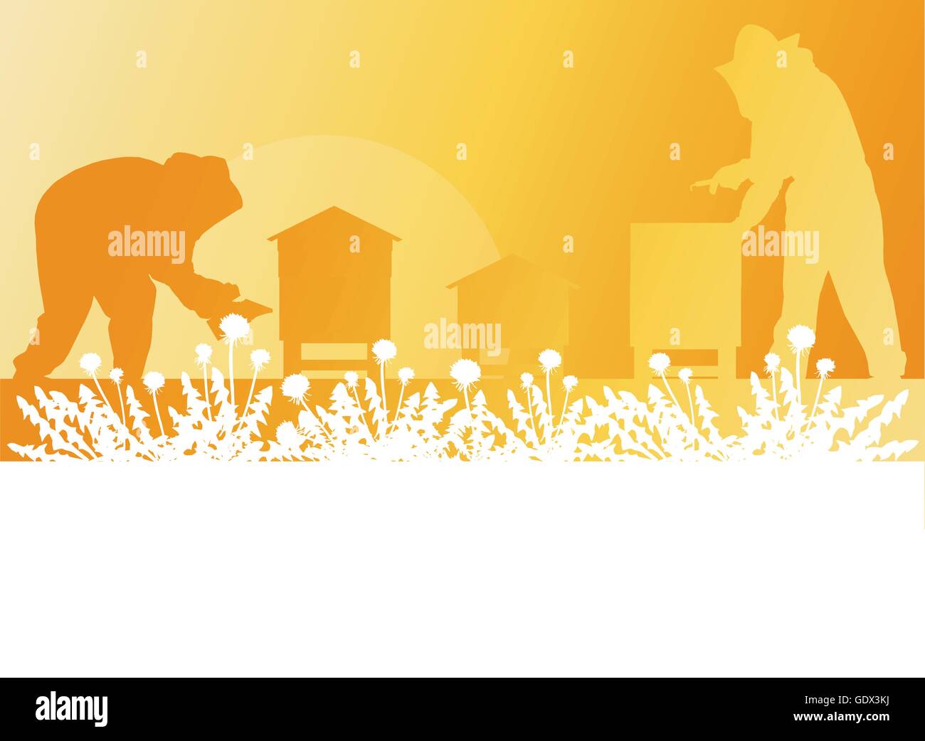 Beekeeper working in apiary vector background landscape for poster ...