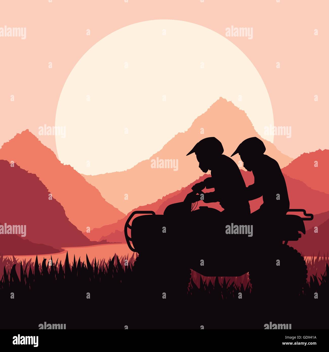 All terrain vehicle quad motorbike riders in wild nature landscape ...