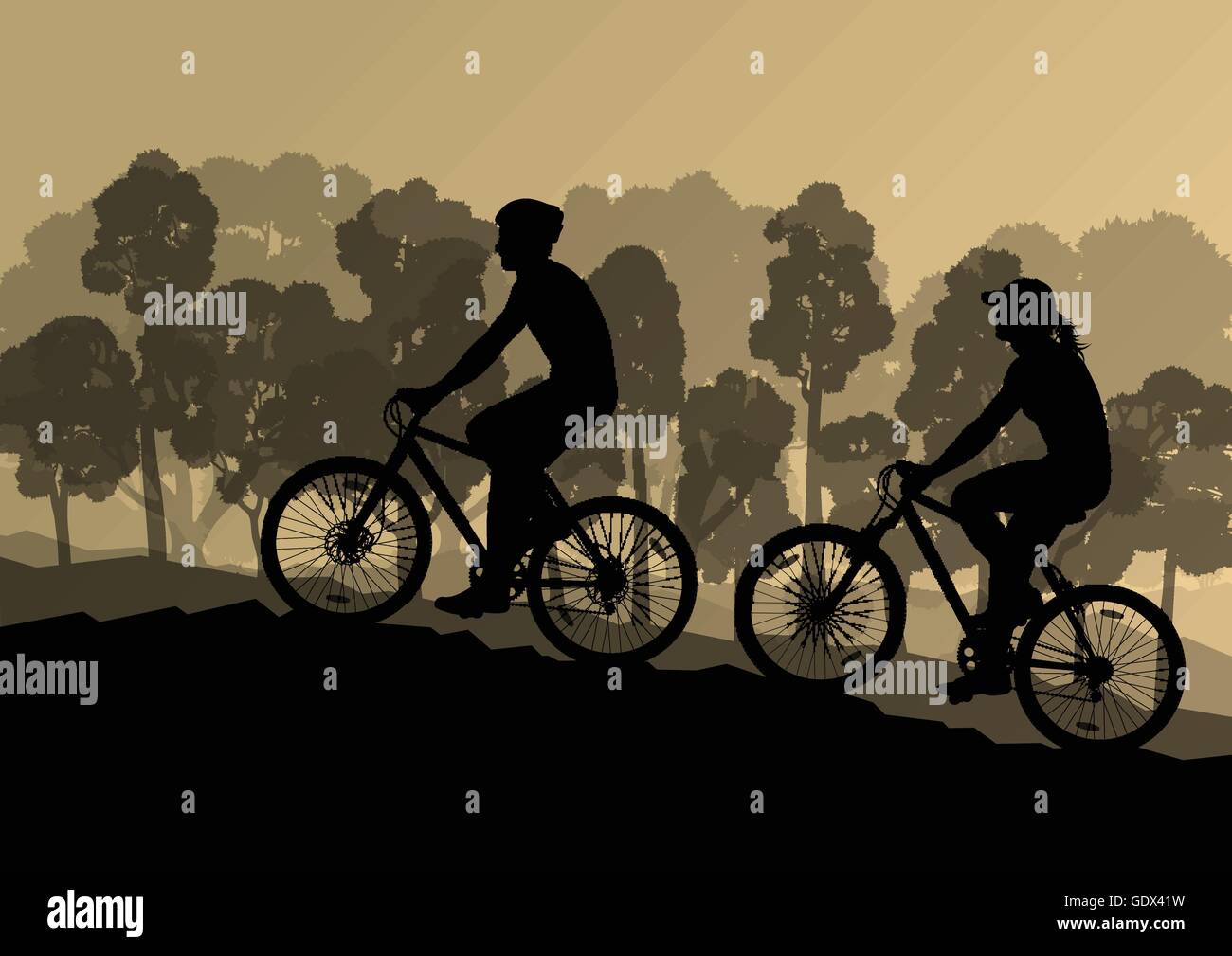 Active cyclists bicycle riders in wild forest nature landscape ...