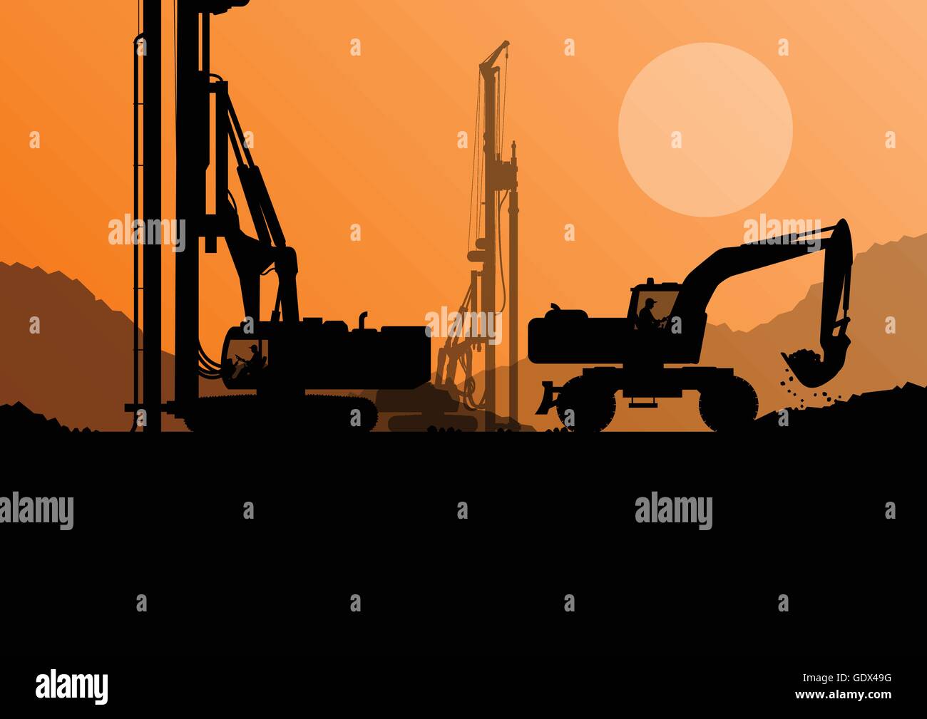 Hydraulic pile drilling machines, tractors and workers digging at ...