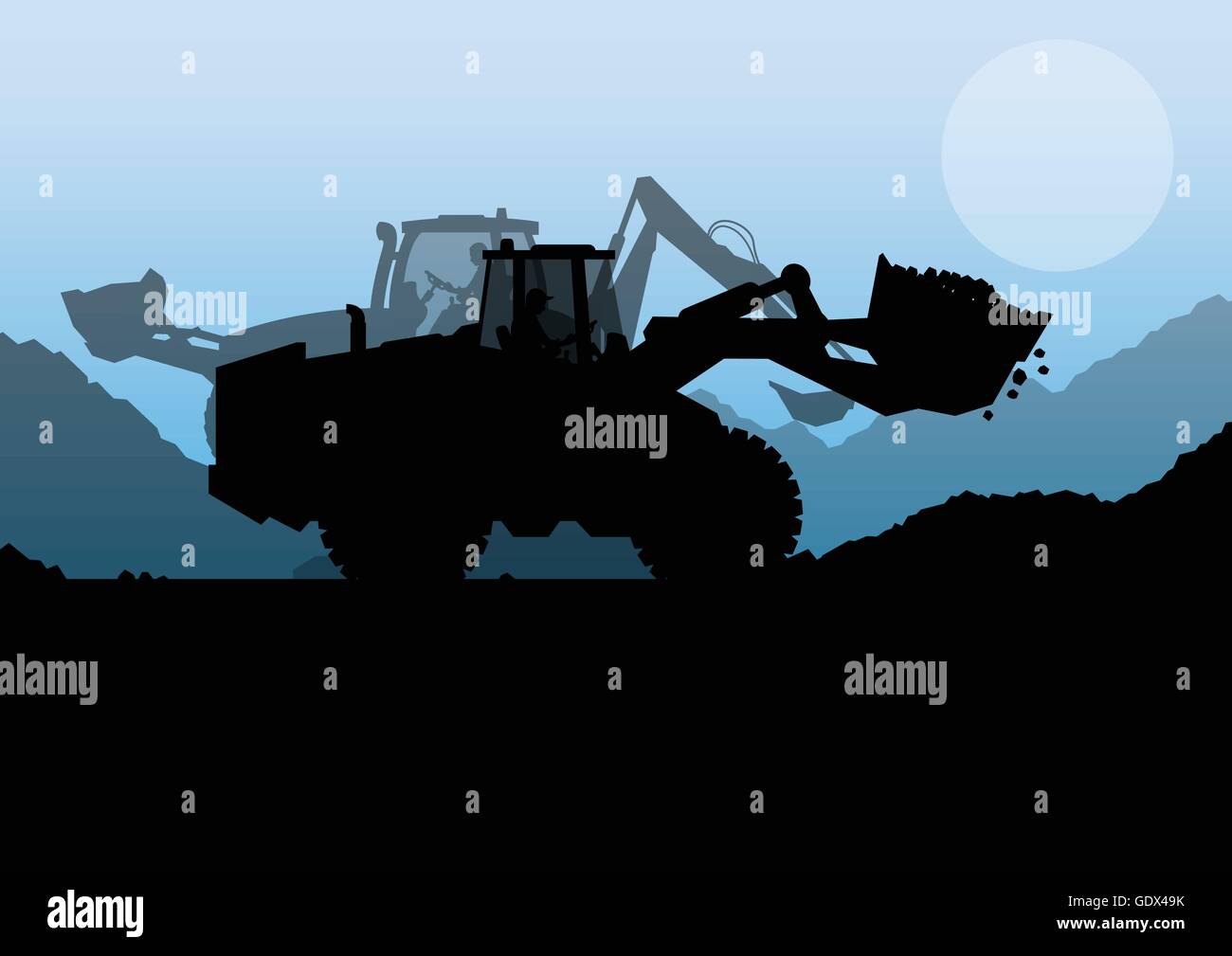 Excavator digger in action vector background concept for poster Stock ...