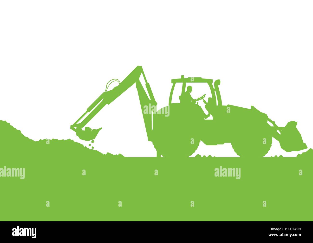 Excavator loader digging at industrial construction site vector ...