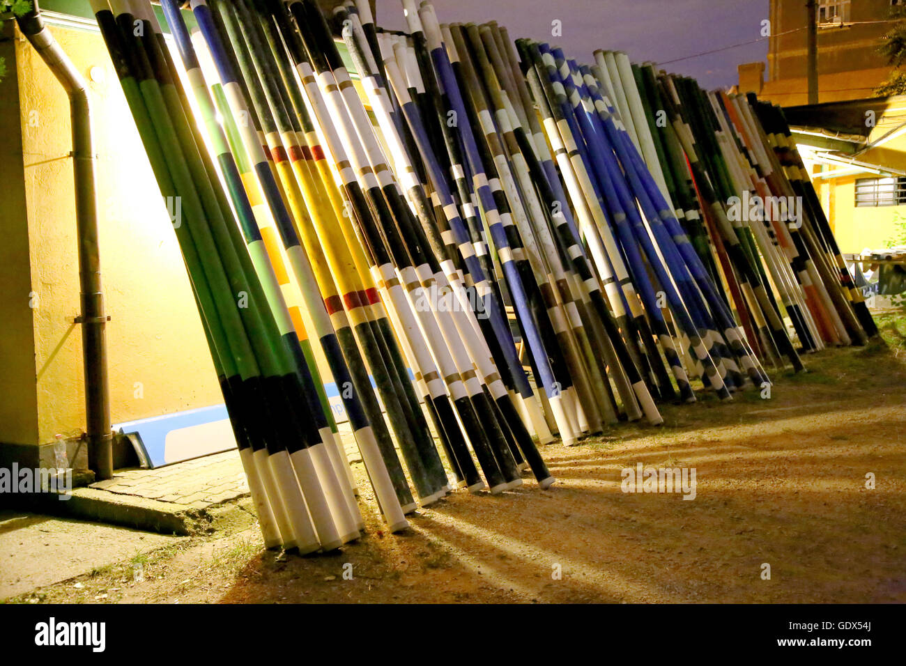 Obstacles and barriers after a show jumping training by night Stock ...