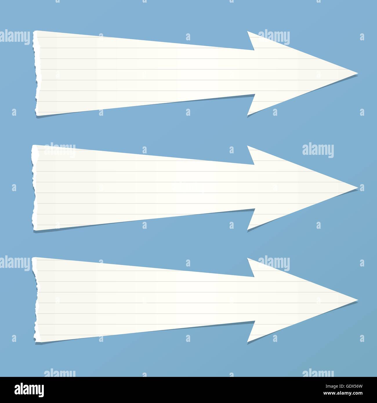 White ruled ripped paper arrows with shadow are on blue background ...