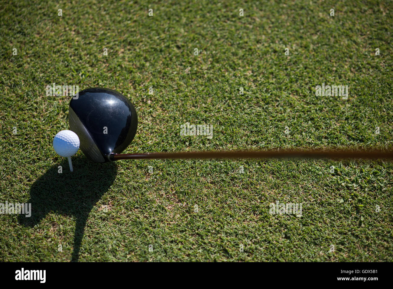 top view of golf club and ball in grass on course preparing for shot ...