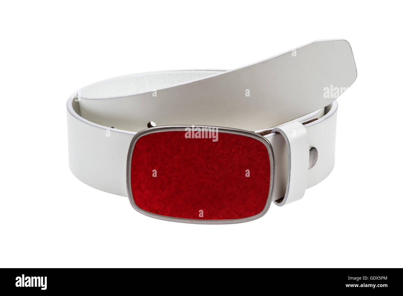 White leather belt with metal red buckle on white background Stock ...