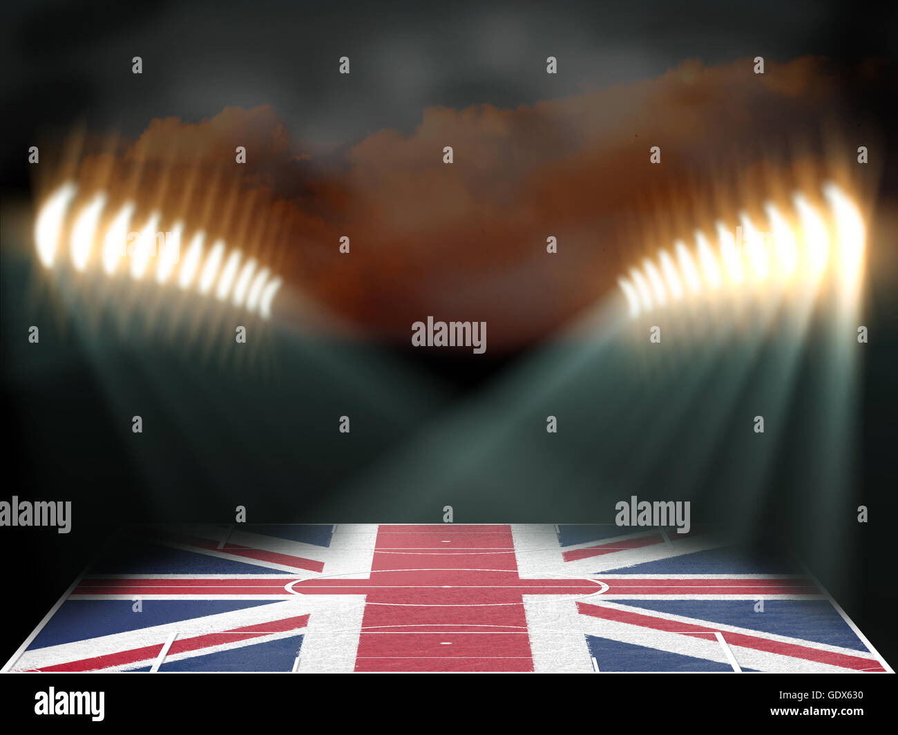 Football stadium with United Kingdom flag textured field Stock Photo ...