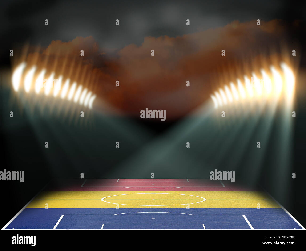 Football stadium with Romania flag textured field Stock Photo - Alamy