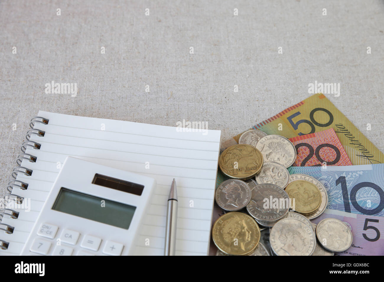 Australian money, AUD with calculator, notebook selective focus copy ...