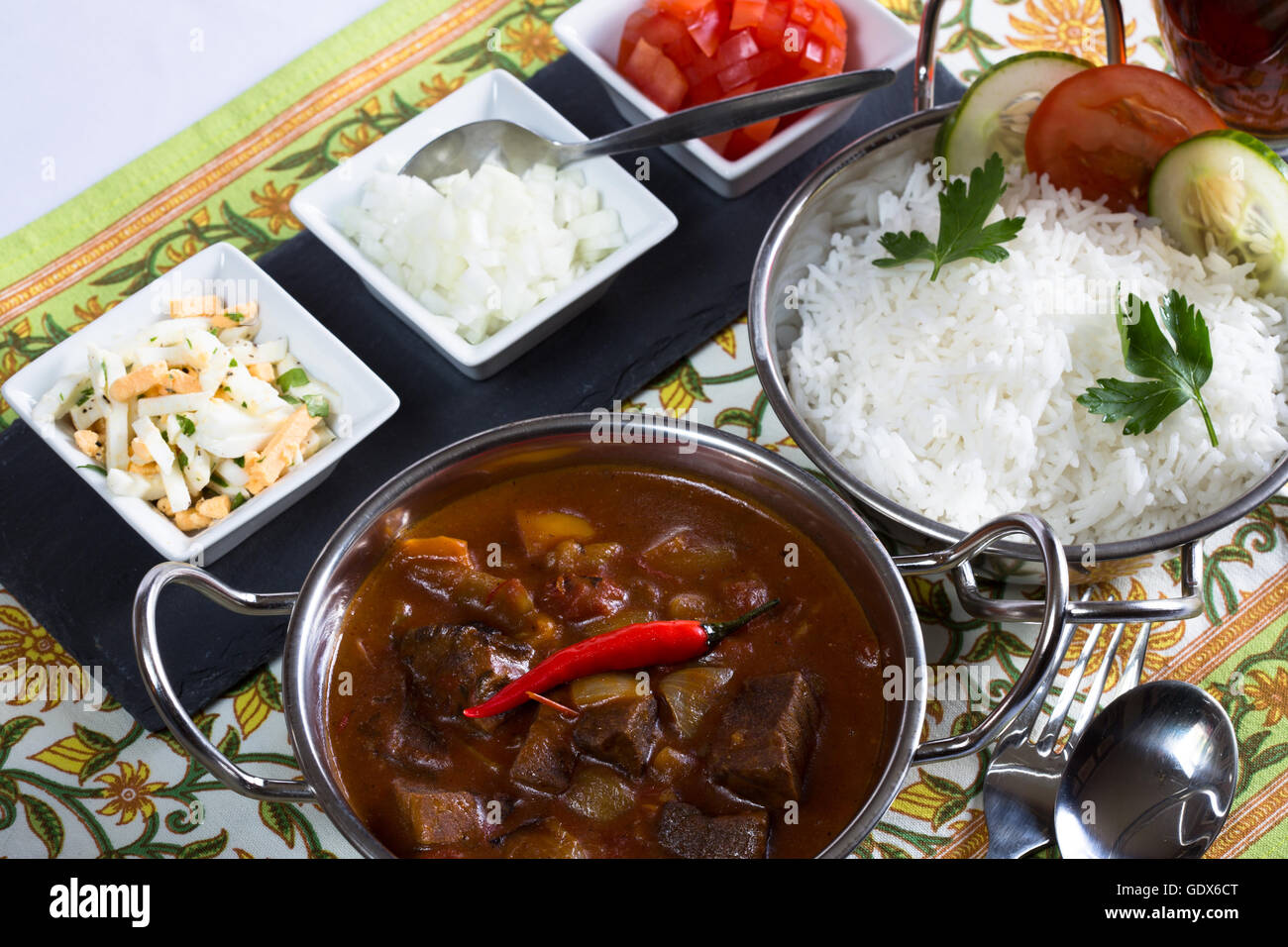 A Malaysian/Indonesian meal of Beef Rendang (curry) (Rendang daging ...