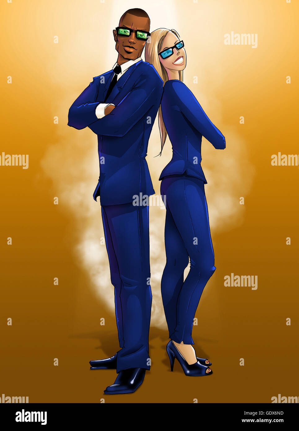 Posing male and female elegantly dressed in blue secret agents on ...