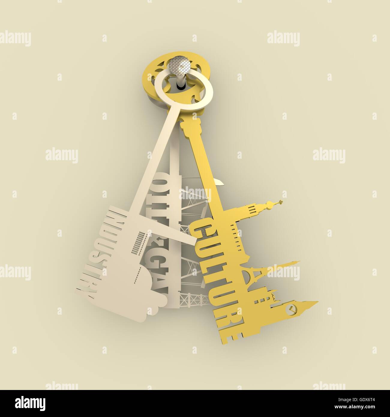 Various keys with landmarks, factory, gas rig and pump jack Stock Photo ...