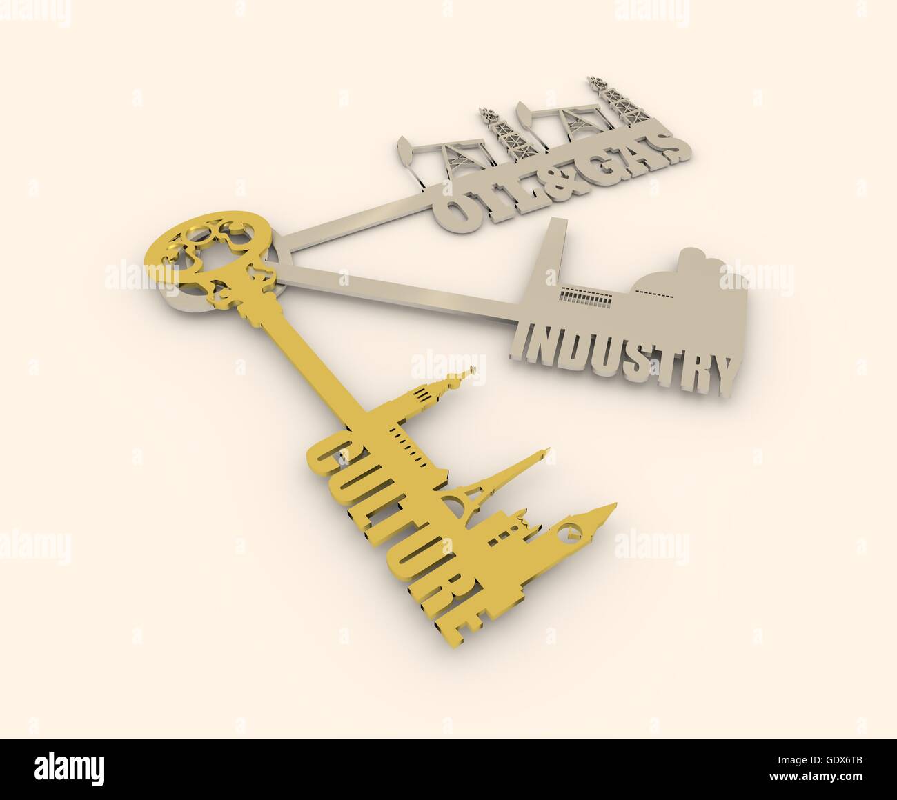 Various keys with landmarks, factory, gas rig and pump jack Stock Photo ...