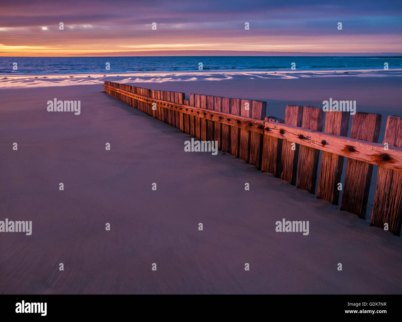 Wooden groin on beach to control erosion and sand movement, dawn or ...