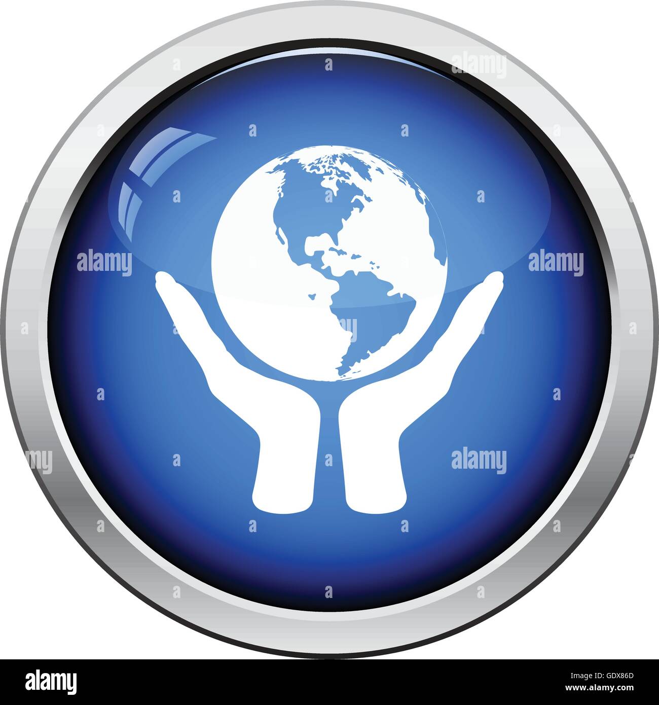 Hands holding planet icon. Glossy button design. Vector illustration ...