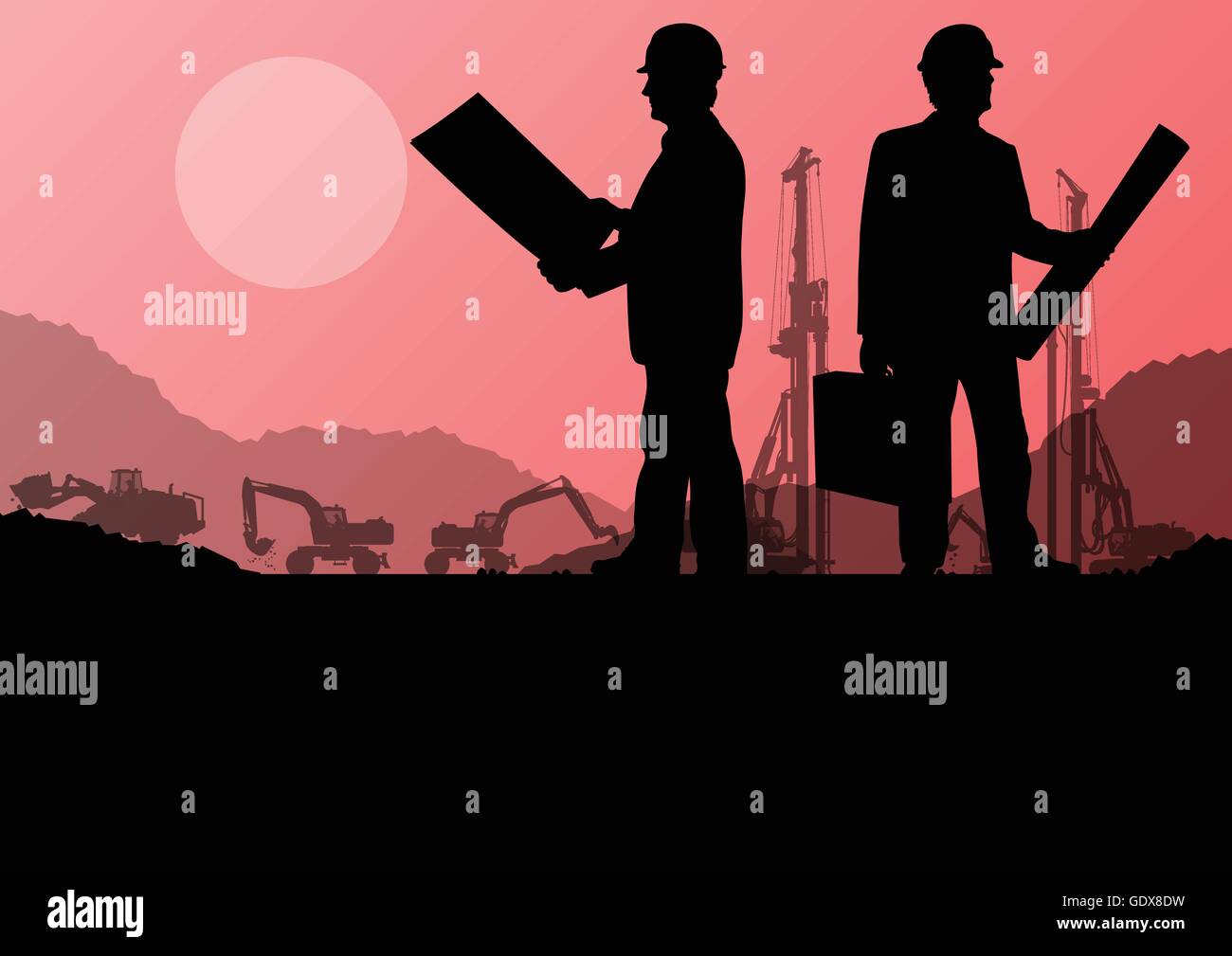 Engineers with excavator loaders and tractors digging at industrial ...