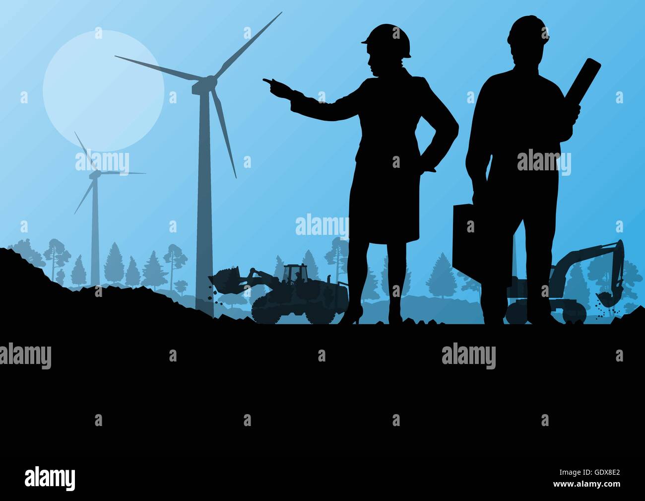 Engineers with excavator loaders and tractors digging at industrial ...