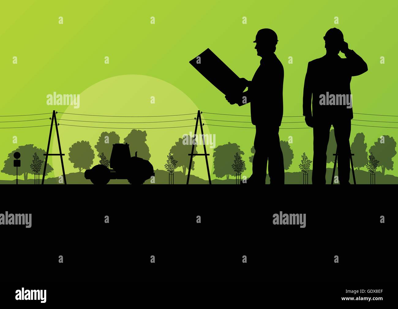 Excavator loader and workers digging at construction site with raised ...