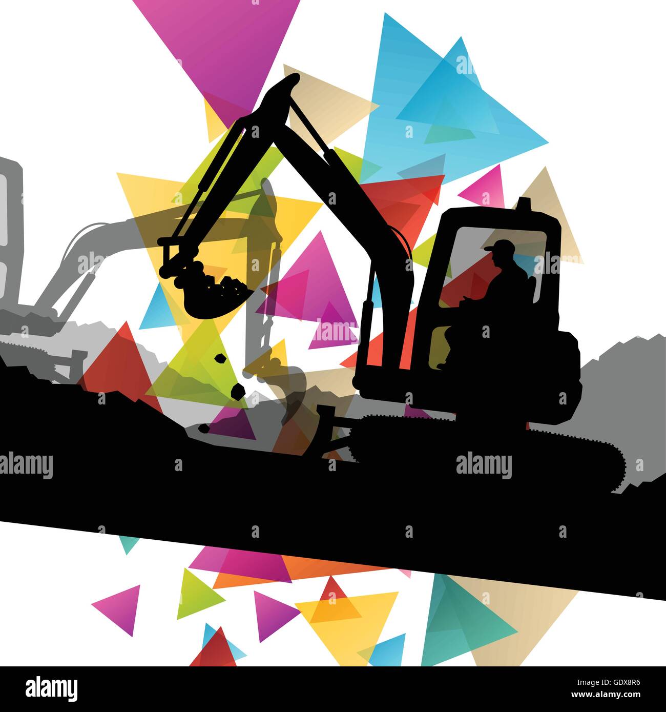 Construction site excavators and diggers with tractors and bulldozers ...