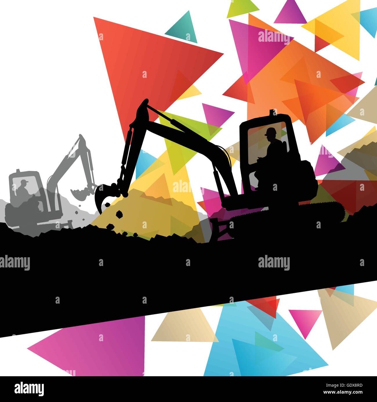 Construction site excavators and diggers with tractors and bulldozers ...