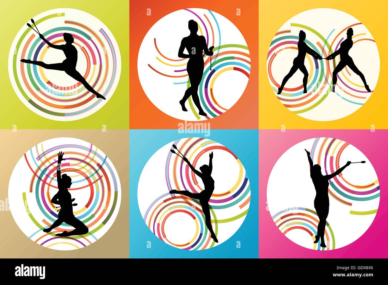 Rhythmic art gymnastics woman with clubs vector background set Stock ...