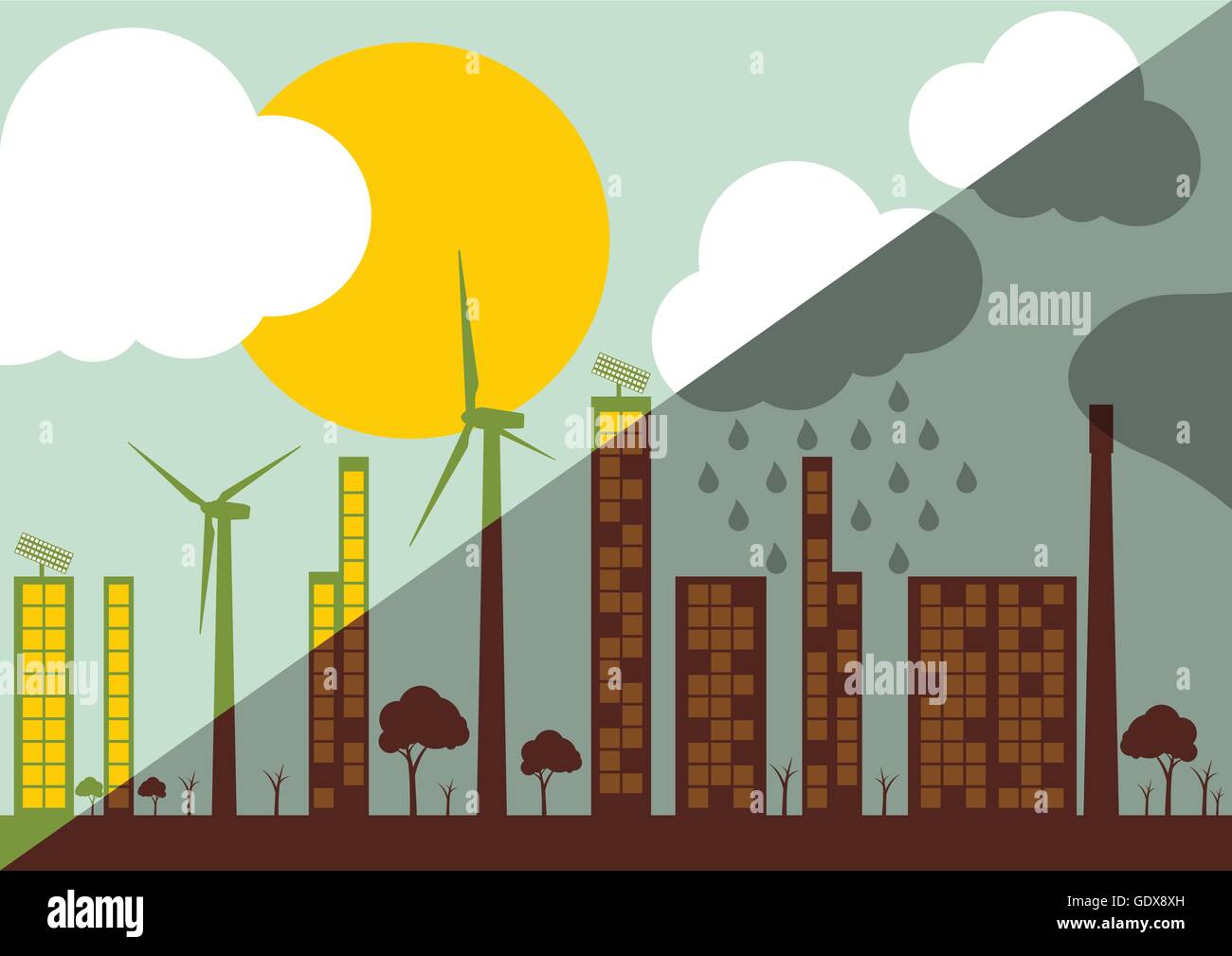 Green ecology city illustration against pollution concept background ...