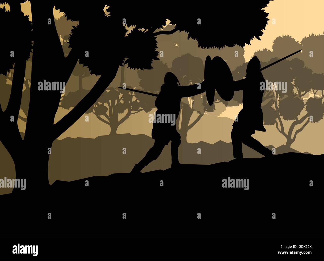 Medieval warrior, crusader vector background landscape concept with ...