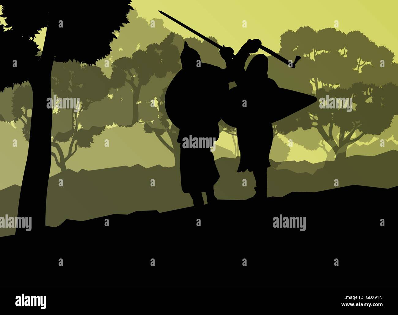 Medieval warrior, crusader vector background landscape concept with ...