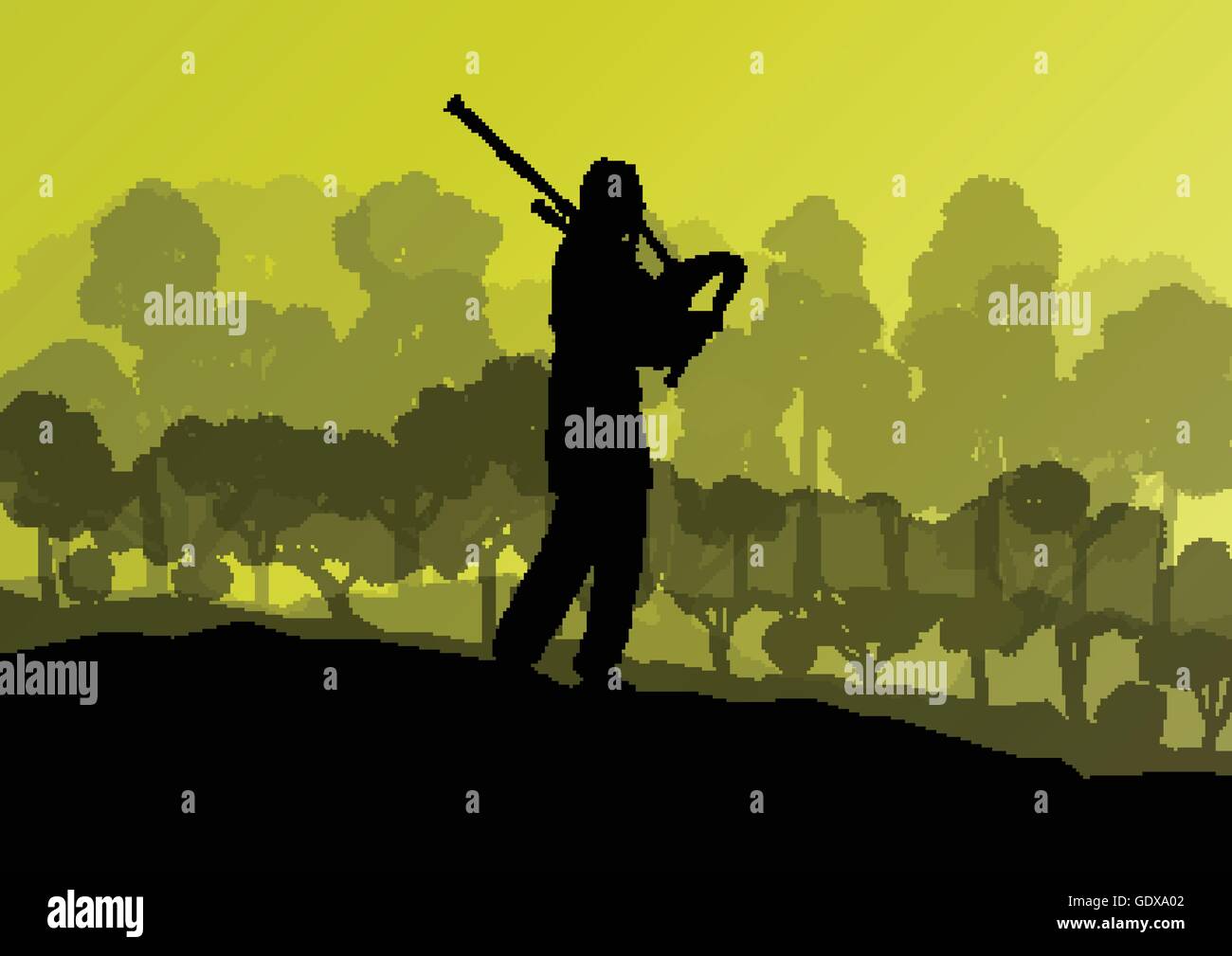 Scottish bagpiper silhouette landscape vector background concept for ...