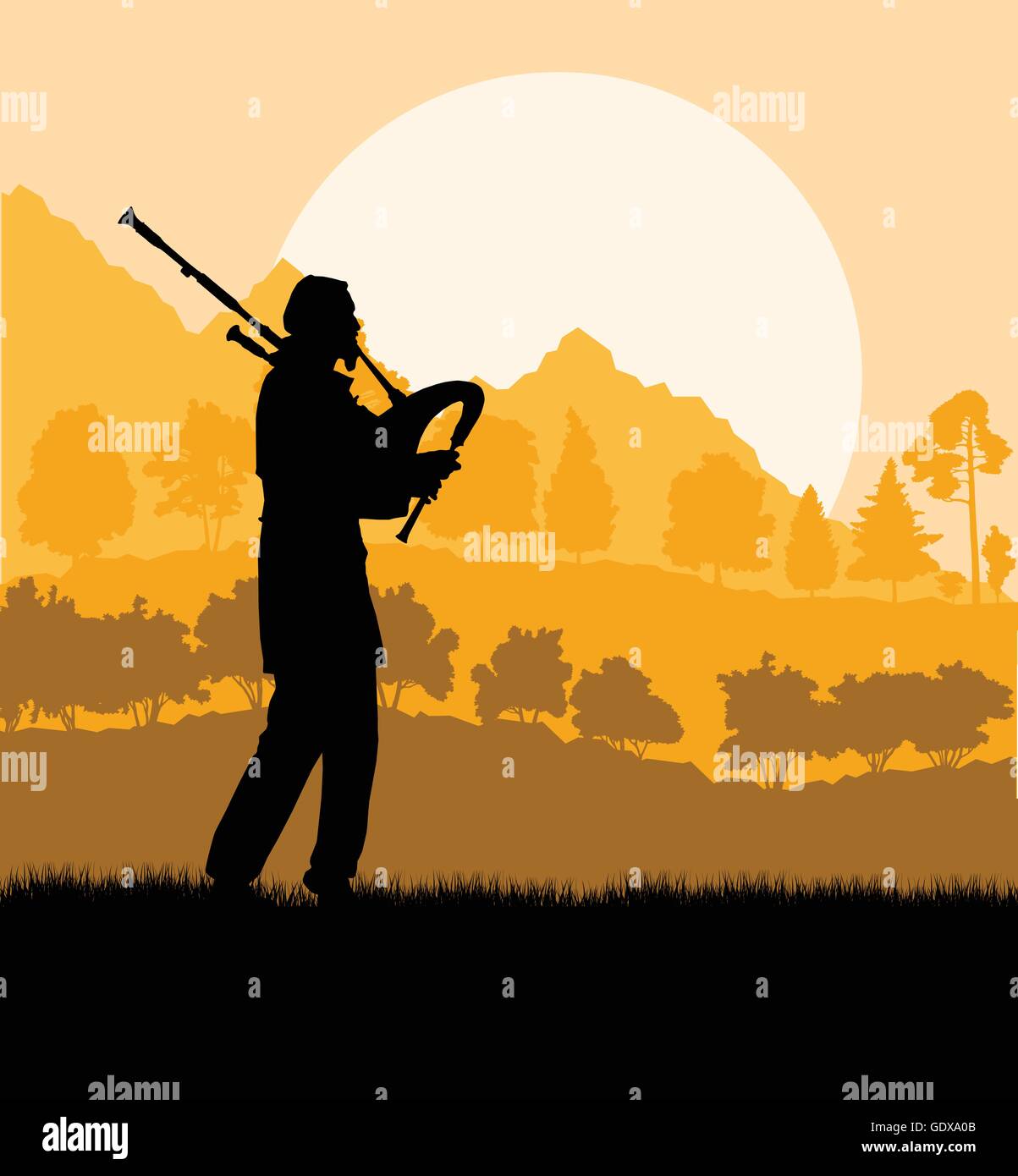 Scottish bagpiper silhouette landscape vector background for poster ...