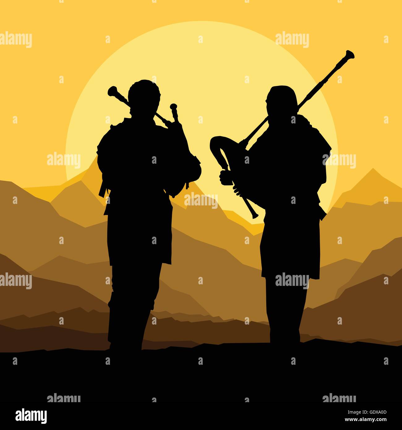 Scottish bagpiper silhouette landscape vector background for poster ...