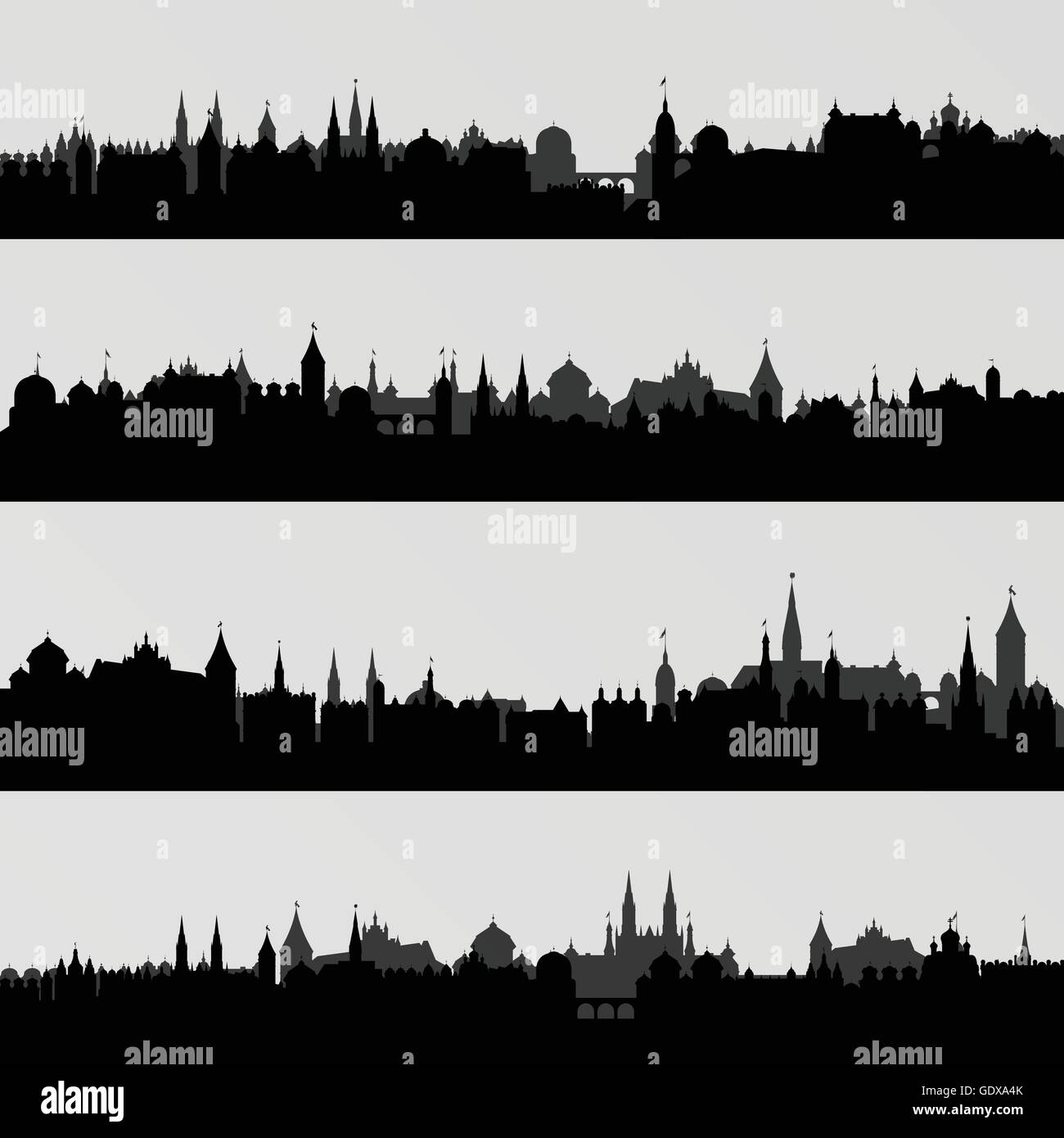 Old vintage city town landscape with moon in detailed illustration ...