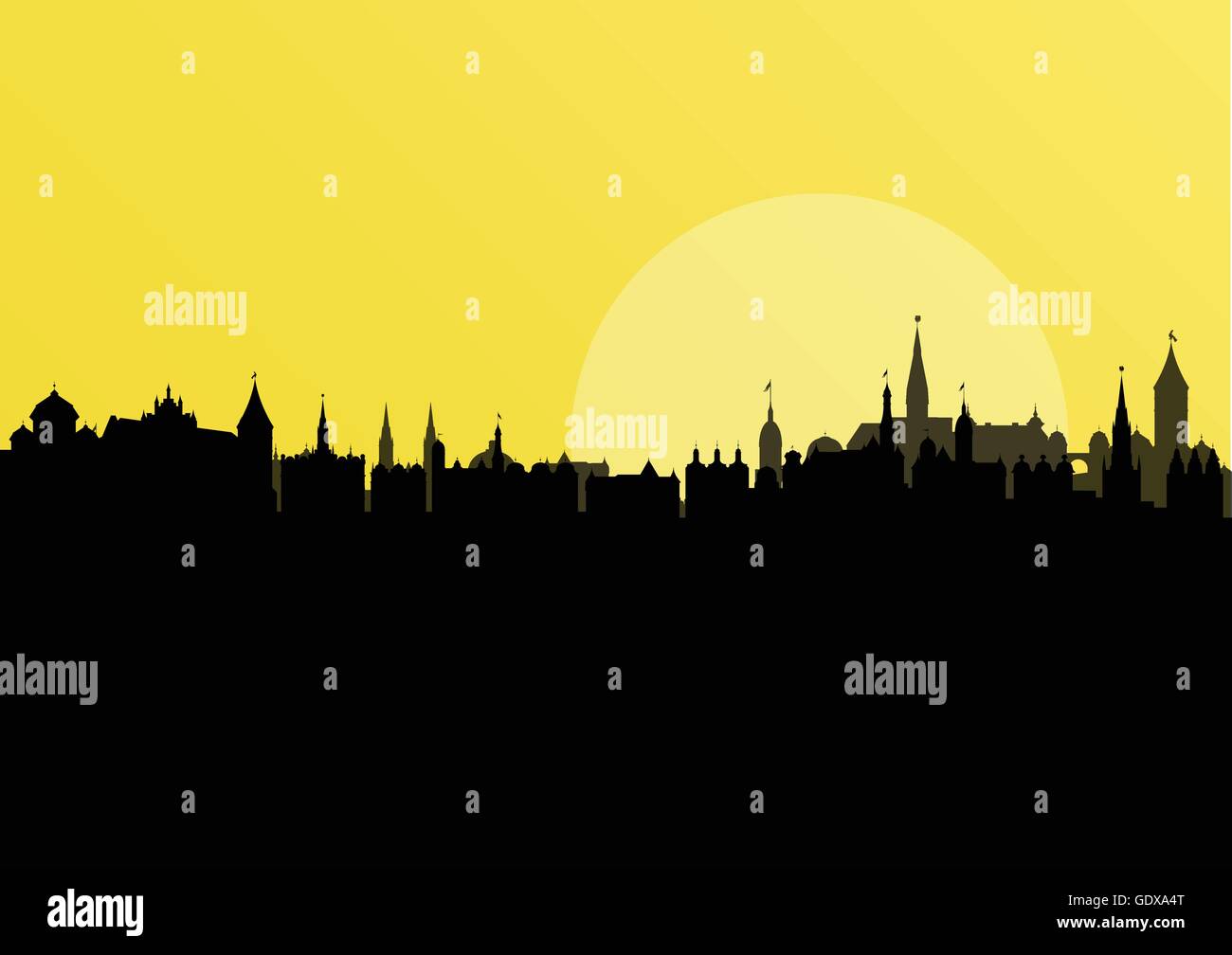 Old vintage city town landscape with moon in detailed illustration ...