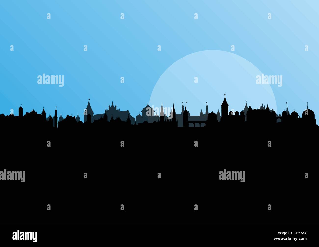 Old vintage city town landscape with moon in detailed illustration ...