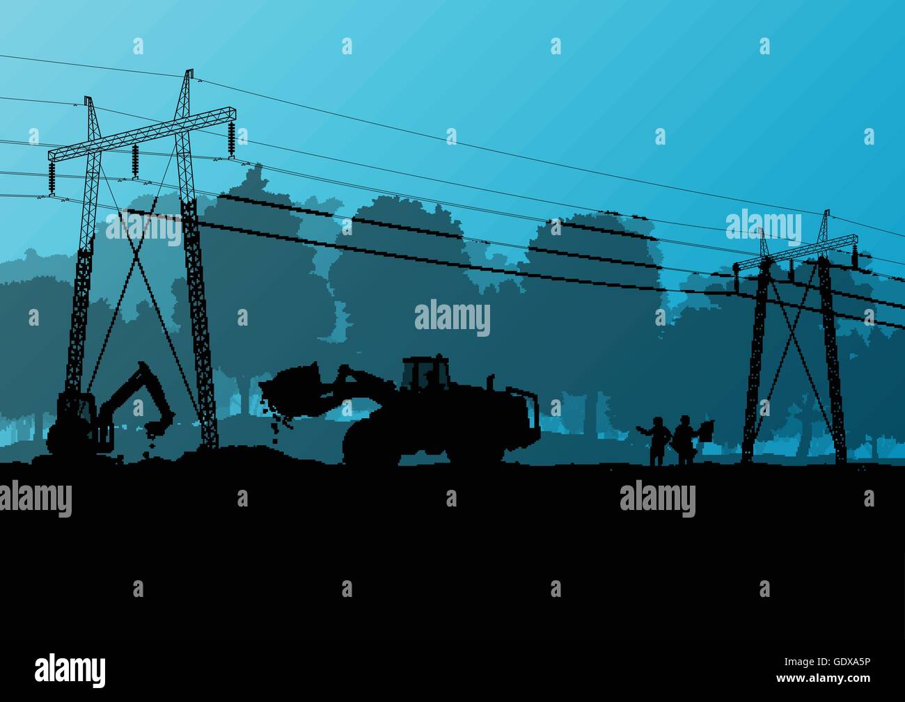 Electricity high power voltage line with construction engineers and ...