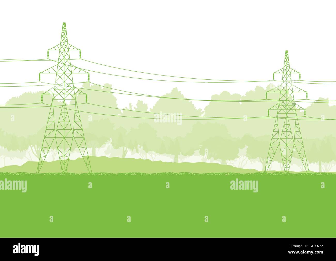 High voltage power transmission tower line green ecology energy concept ...