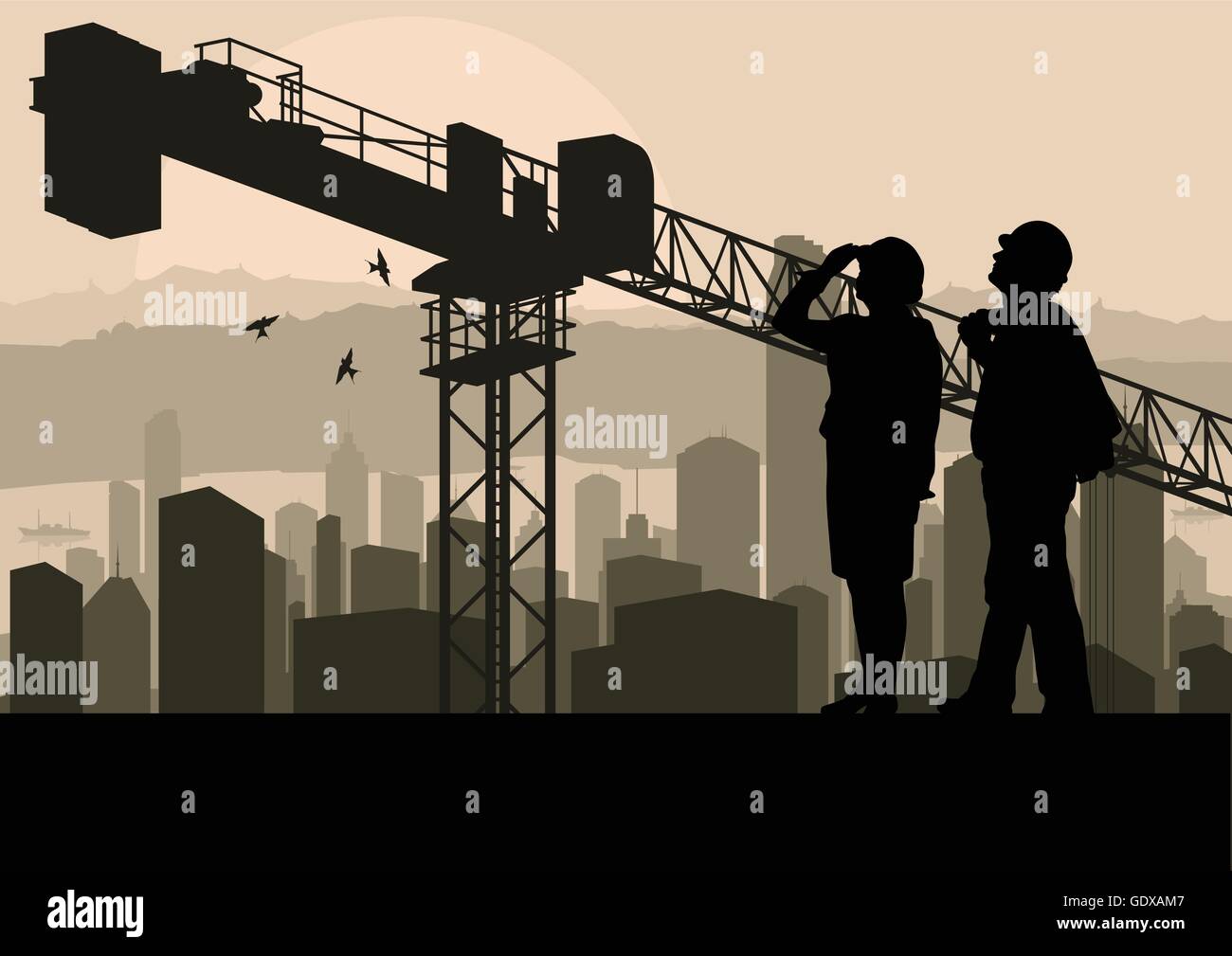 Engineer and construction site manager watching skyscraper building ...