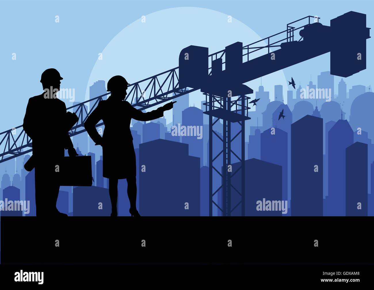 Engineer and construction site manager watching skyscraper building ...