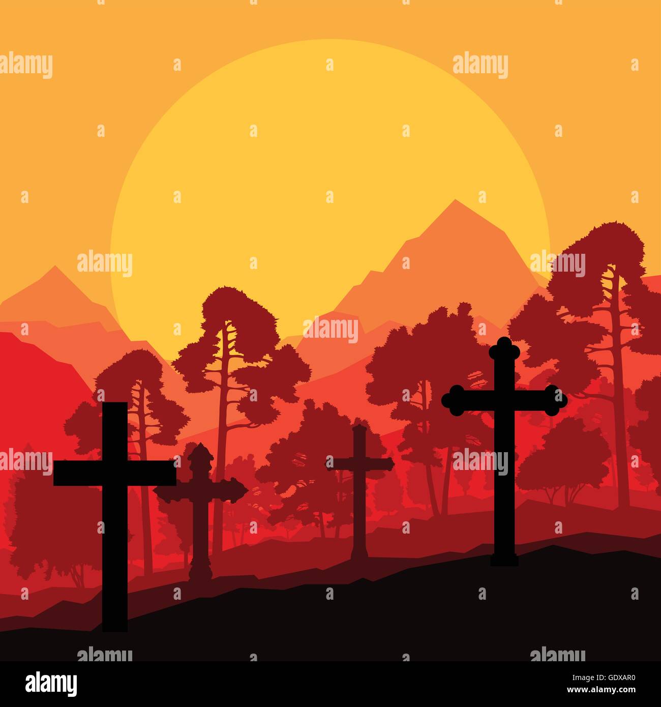 Cross on a hill at sunset vector background concept landscape for ...