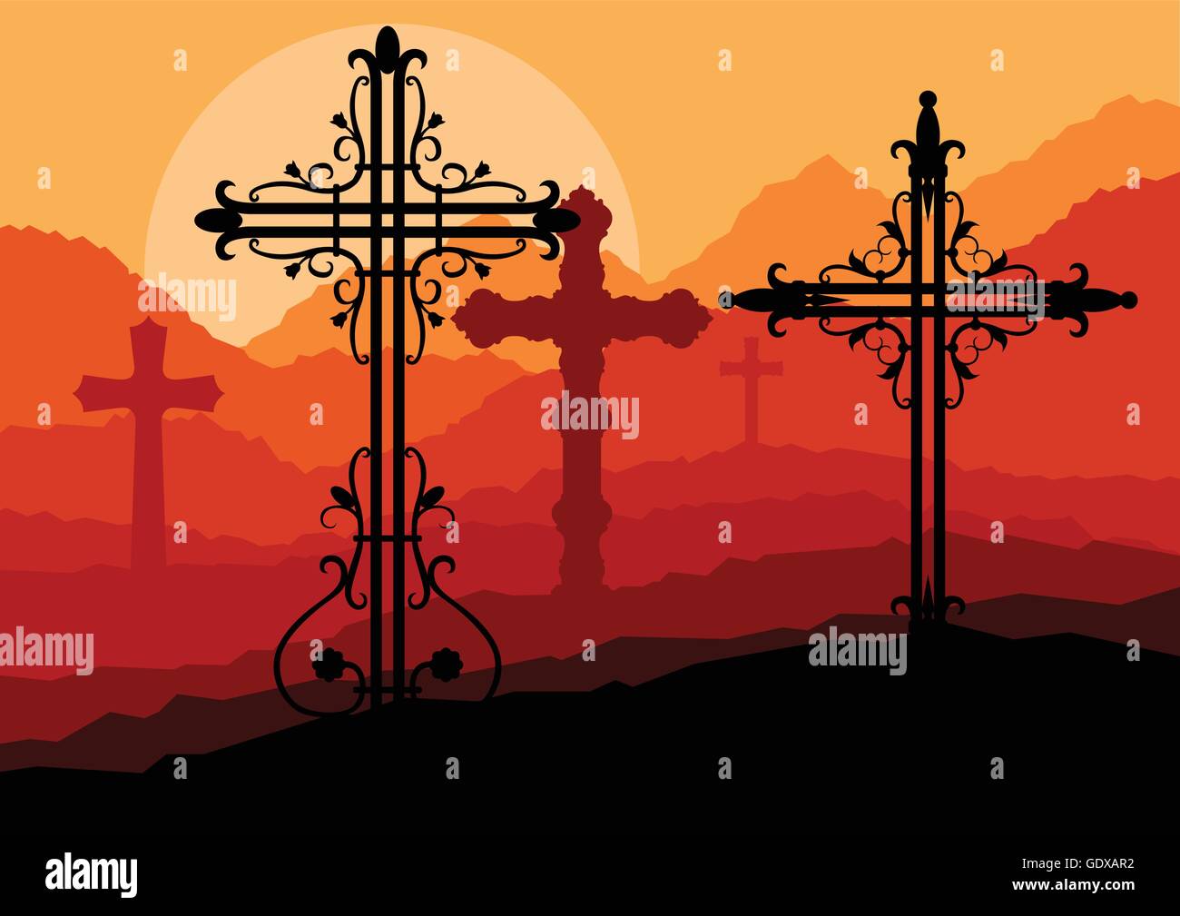 Cross on a hill at sunset vector background concept landscape for ...