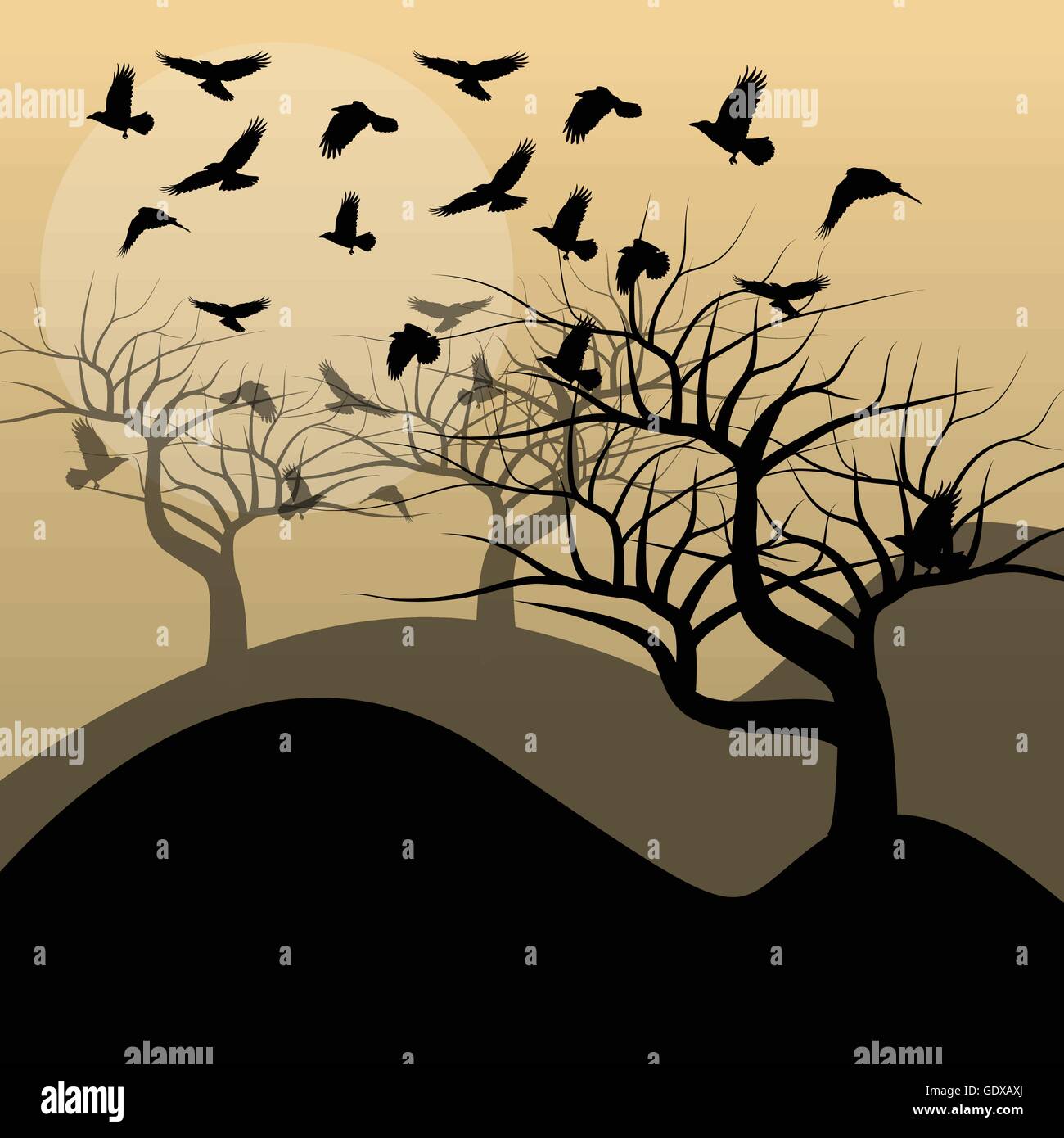 Halloween background vector concept with trees and raven Stock Vector ...