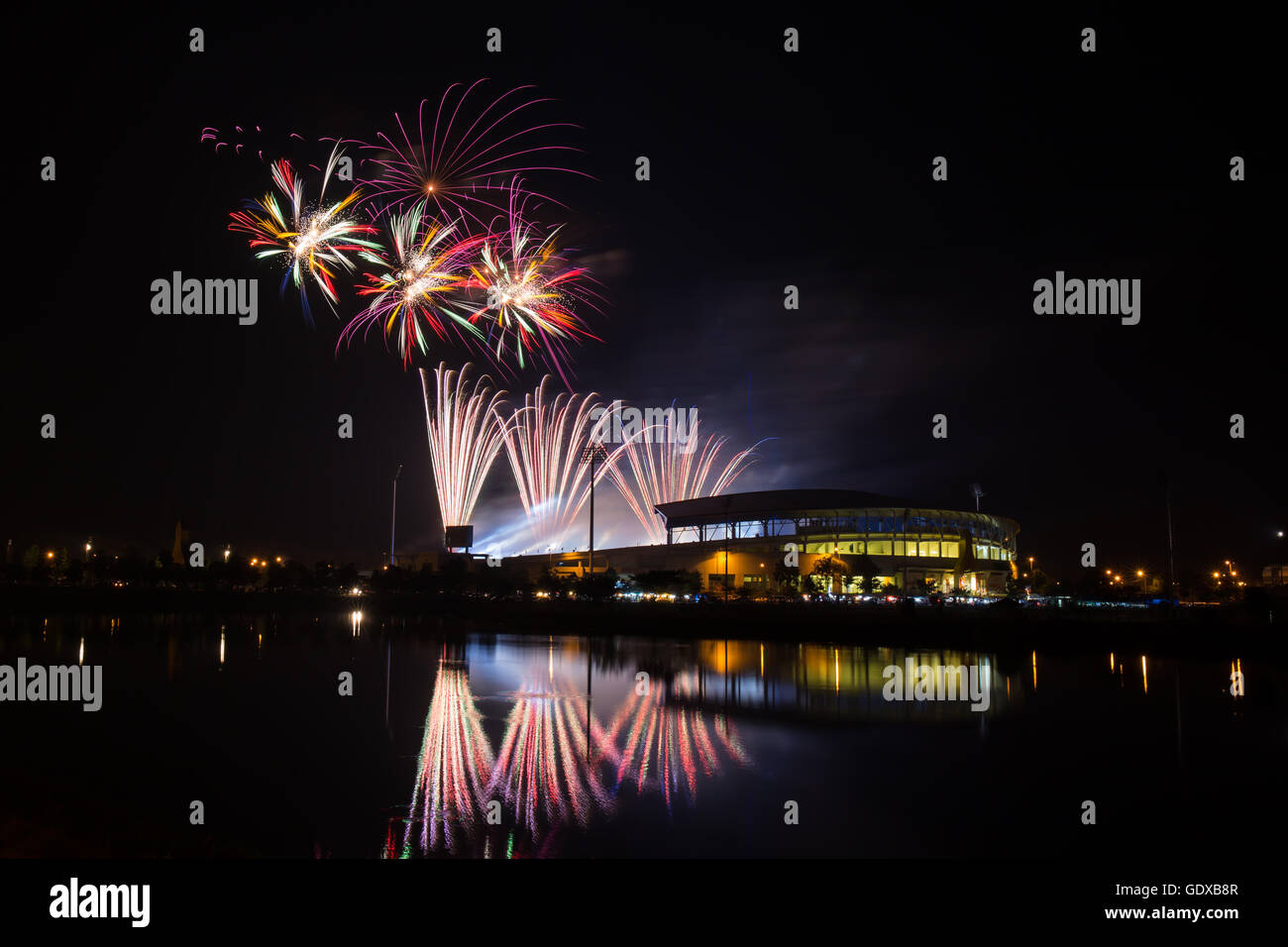 Firework over Stadium in nighttime Stock Photo - Alamy