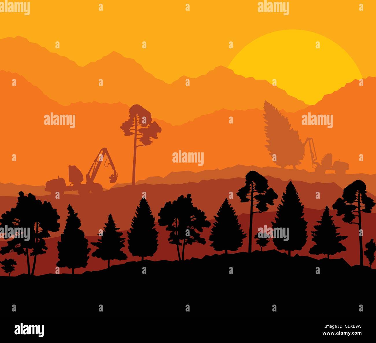 Forest cut down landscape with wood and heavy equipment track Stock ...