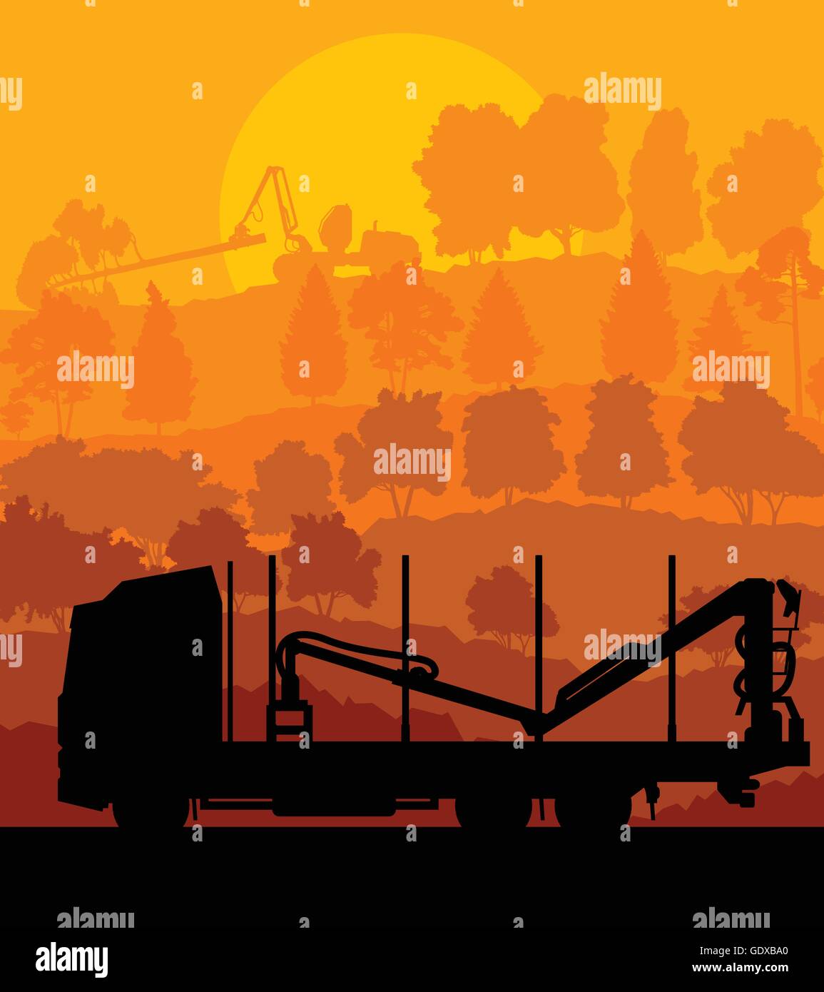 Forest cut down landscape with wood and heavy equipment track Stock ...