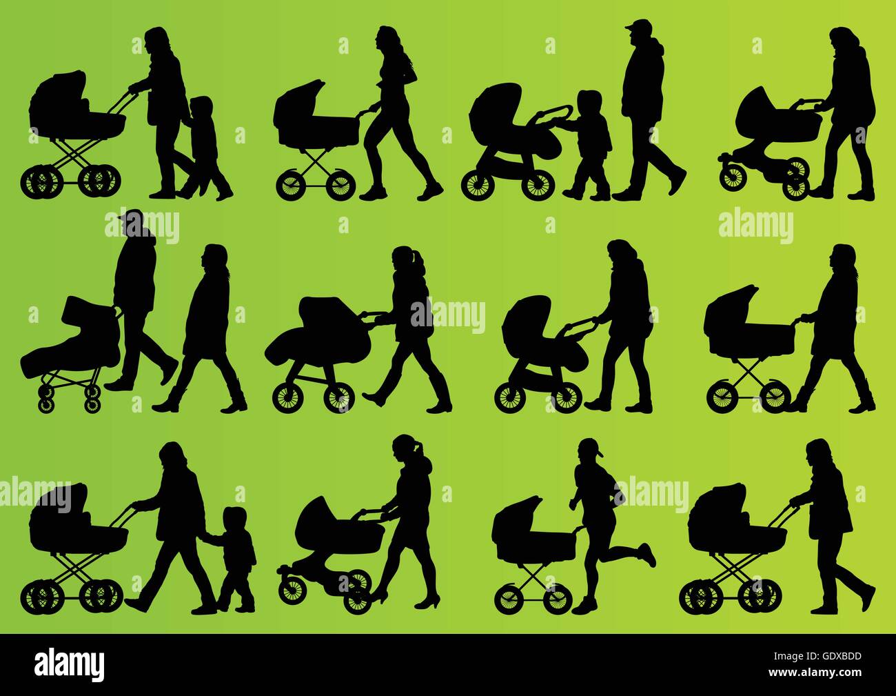 Young family baby pram and carriage detailed silhouettes illustration ...