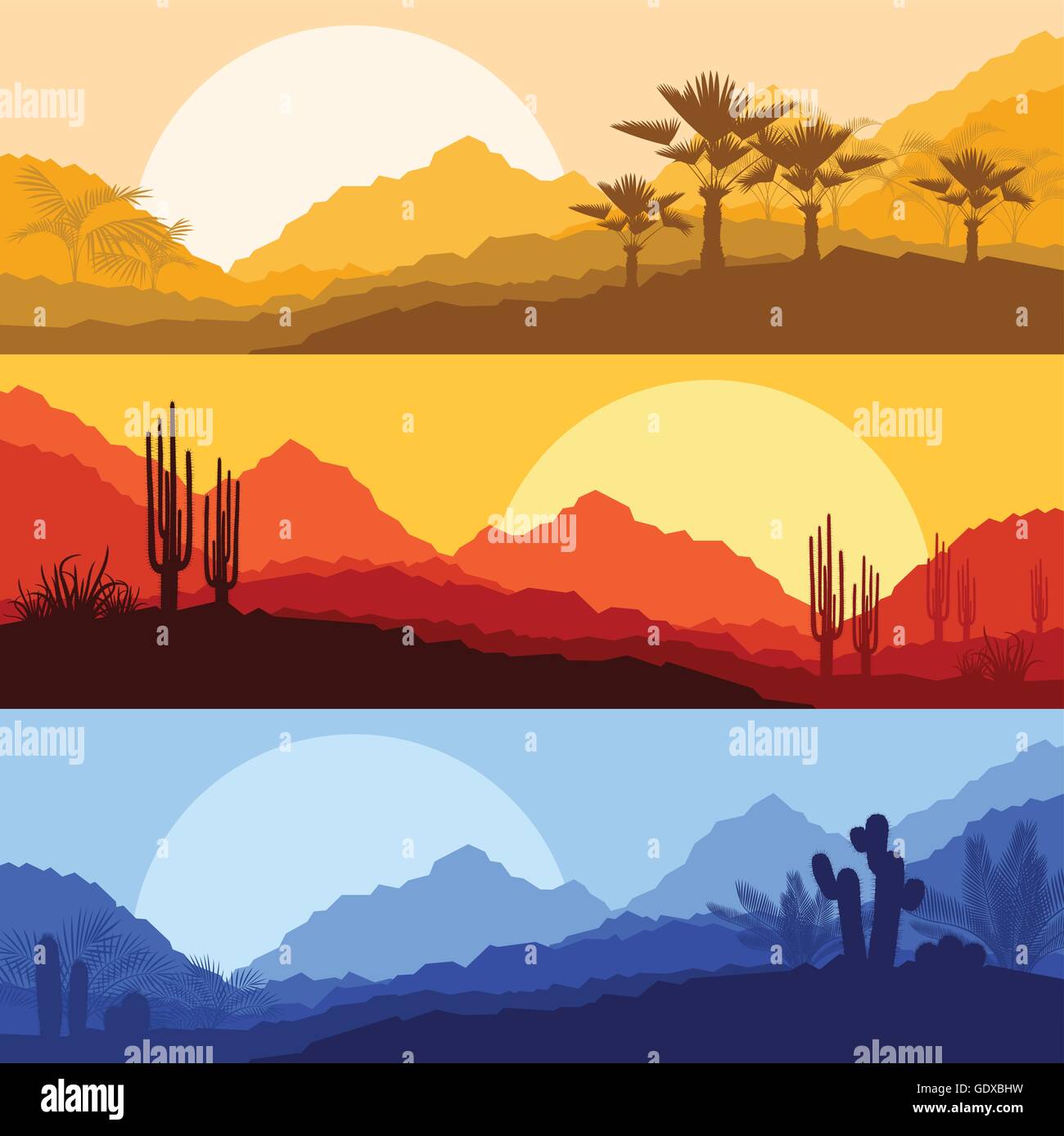 Desert wild nature landscapes with cactus and palm tree plants vector ...