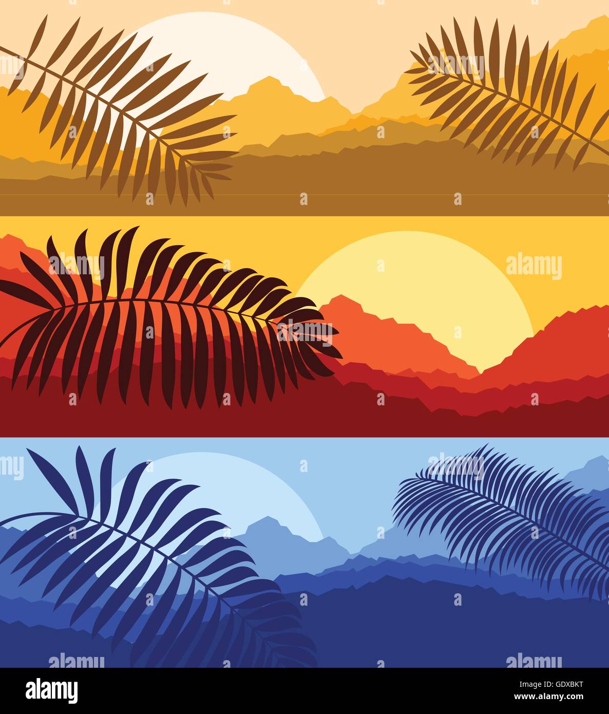 Palms and sun, tropical sunset vector background landscape Stock Vector ...