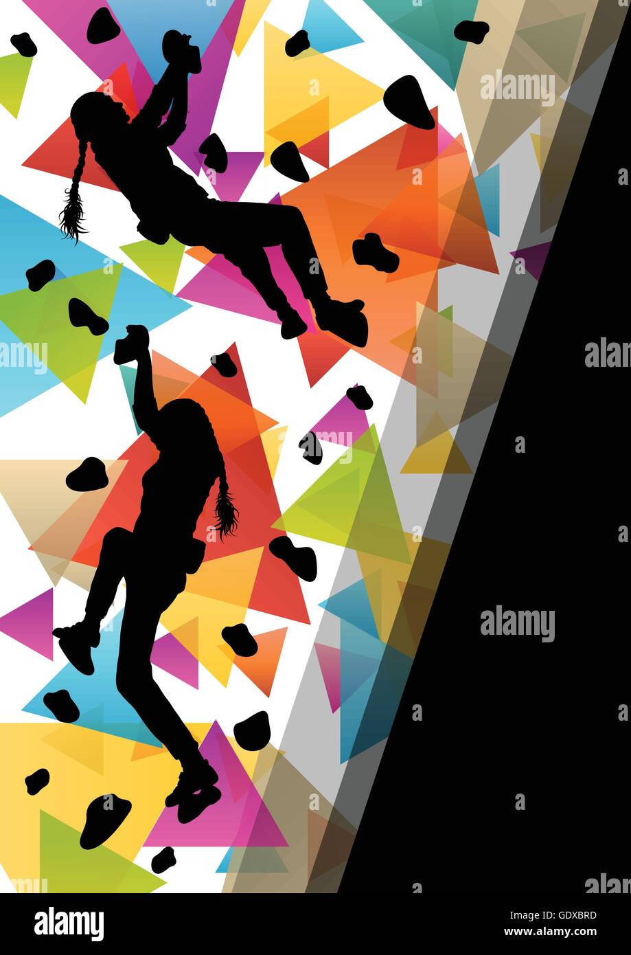 Children girl silhouettes on climbing wall in active and healthy sport ...