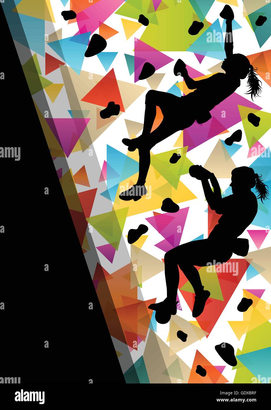 Children girl silhouettes on climbing wall in active and healthy sport ...